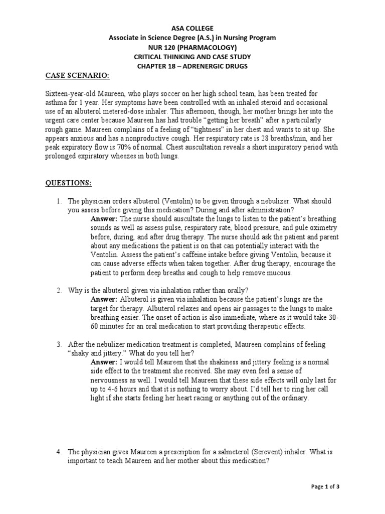 CHP 18 Critical Thinking and Case Study | PDF | Pharmacology | Clinical ...