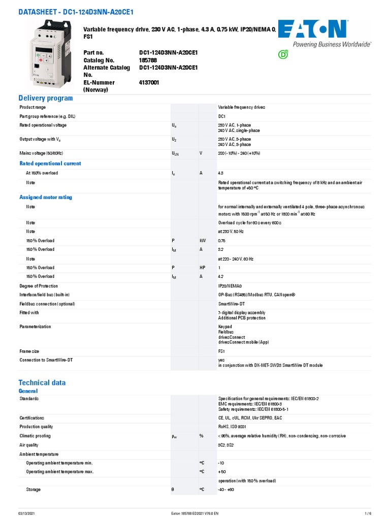 Eaton 185788 DC1 124D3NN A20CE1 en - GB | PDF | Mains Electricity ...