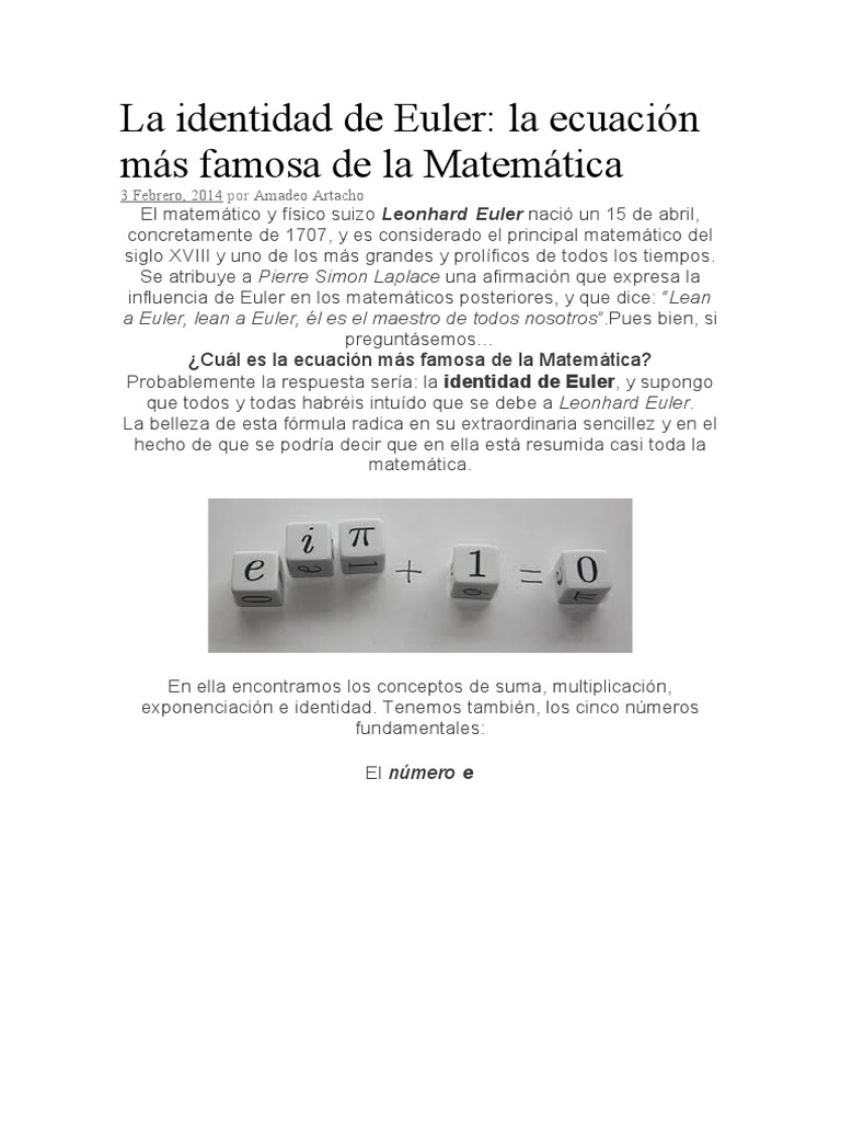 La Identidad de Euler | PDF | Leonhard Euler | Enseñanza de matemática