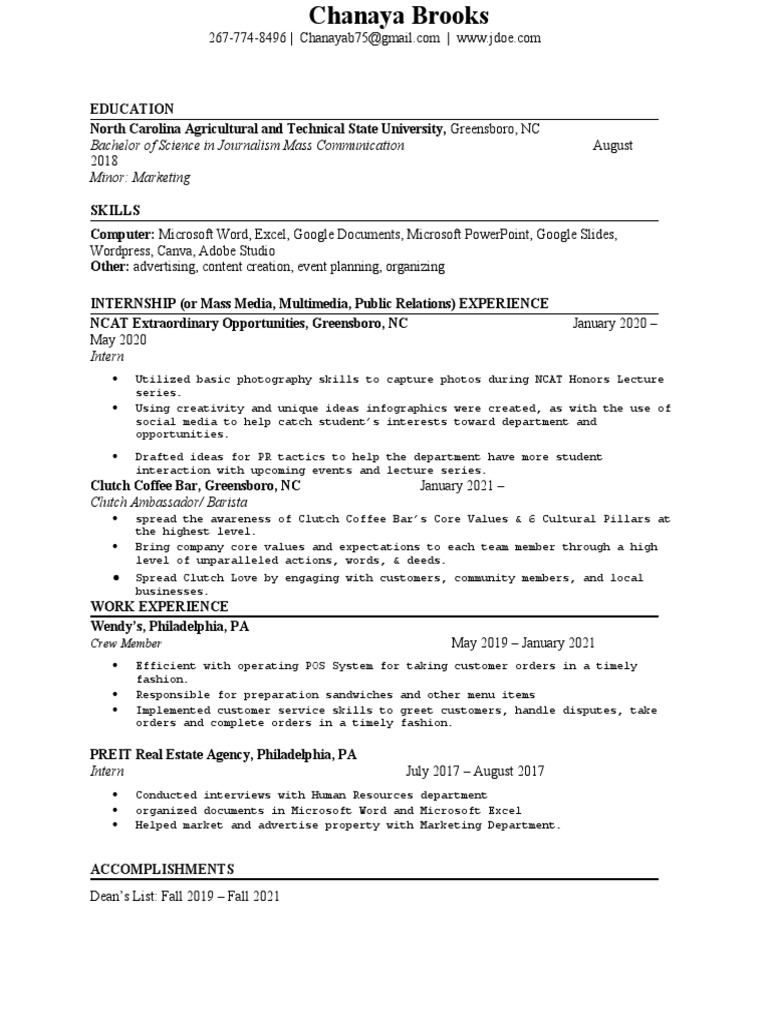 Chanaya Brooks - Journalism Graduate Resume | PDF