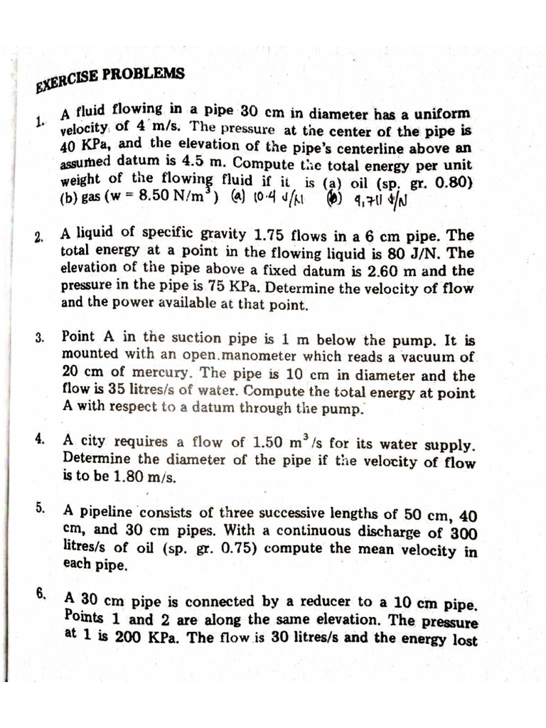 Hydraulics Chapter 5 Principles of Hydrodynamics Exercise Problems | PDF