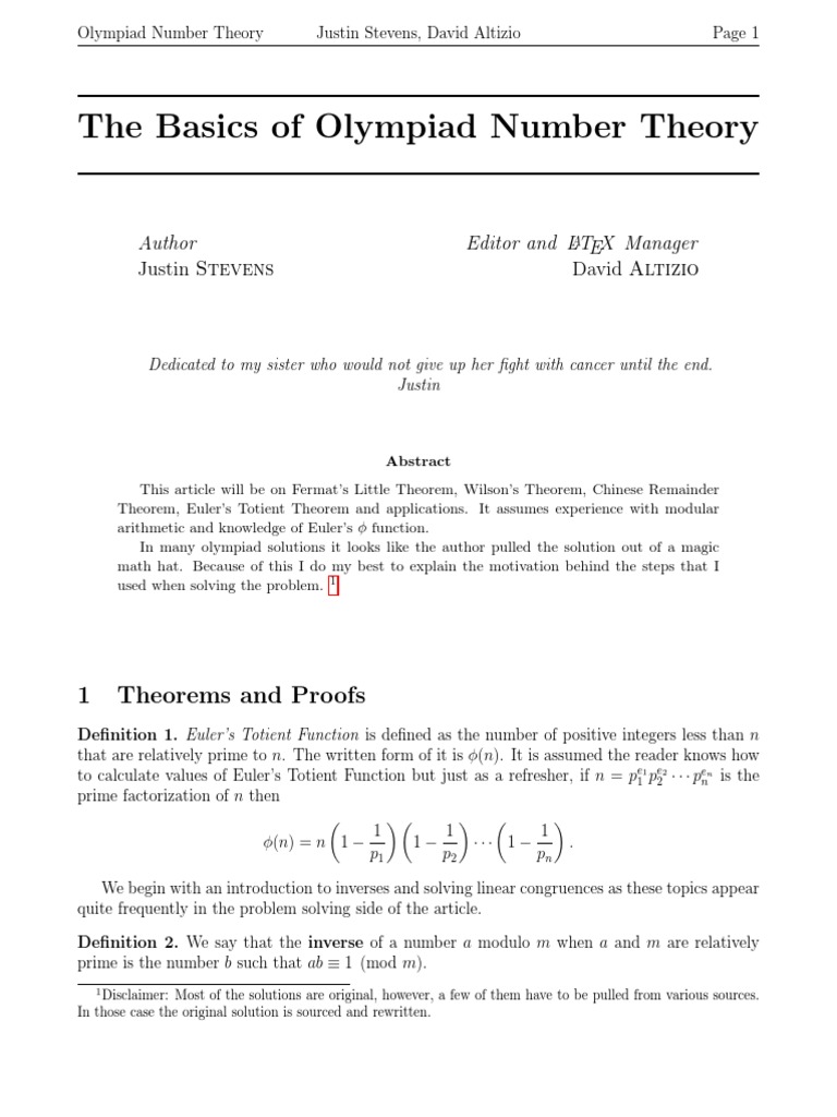 Pdf The Basics Of Olympiad Number Theory 1 Dl Pdf Numbers Number Theory