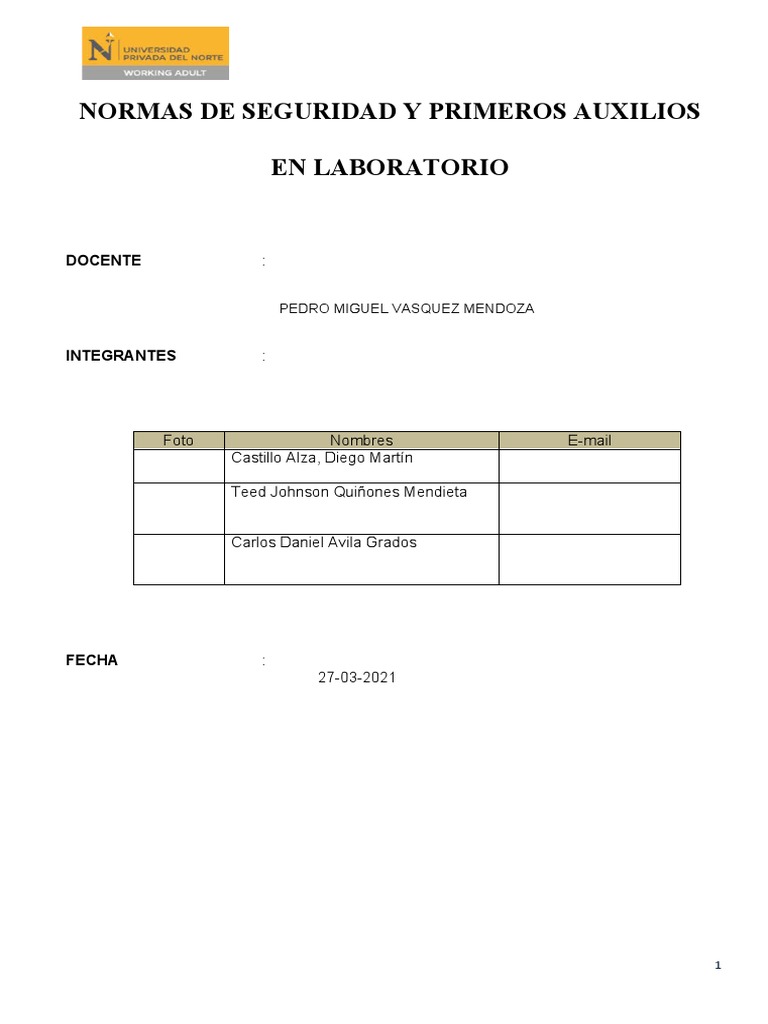 Práctica #1 - Normas de Seguridad y Primeros Auxilios en Laboratorio | PDF | Laboratorios ...