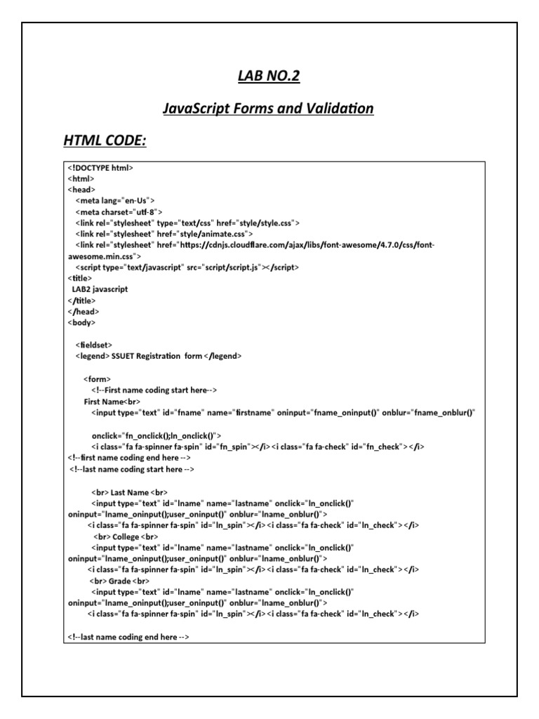 Lab No.2 Javascript Forms and Validation HTML Code | PDF | Hypertext ...