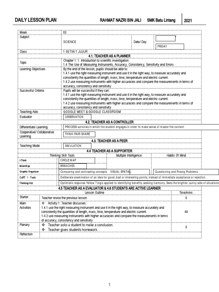 Daily Lesson Plan: Rahmat Nazri Bin Jali SMK Batu Lintang 2021 | PDF ...