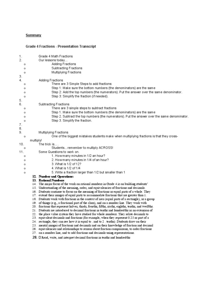 Grade 4 Fractions Lesson Guide | PDF | Notation | Numbers