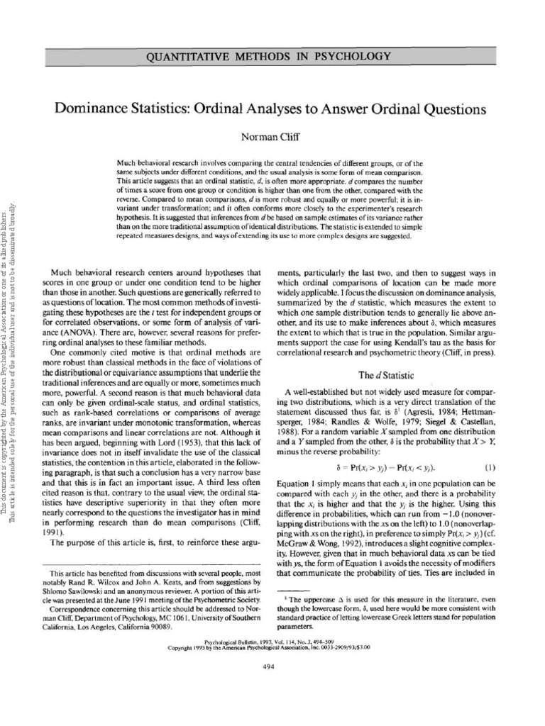 Dominance Statistics: Ordinal Analyses To Answer Ordinal Questions | PDF | Statistics ...