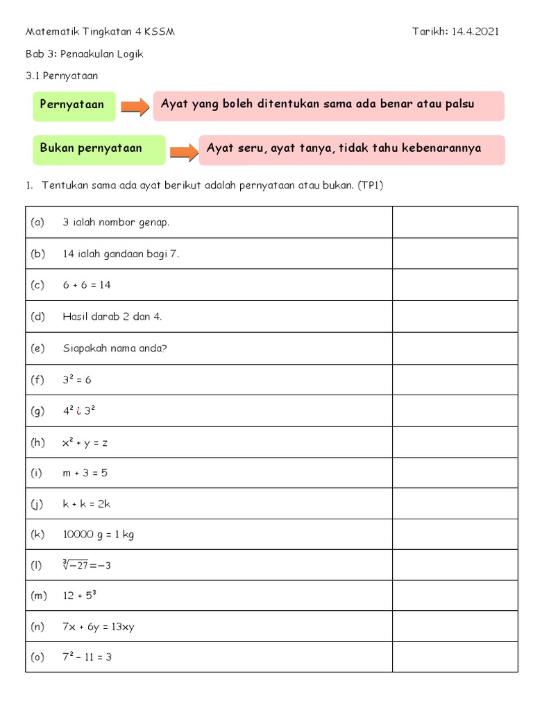 Matematik Tingkatan 4 KSSM Bab 3 Penaakulan Logik (3.1) | PDF