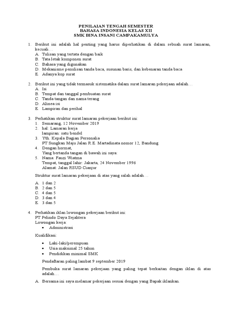 Soal PTS Bahasa Indonesia Kelas Xii | PDF