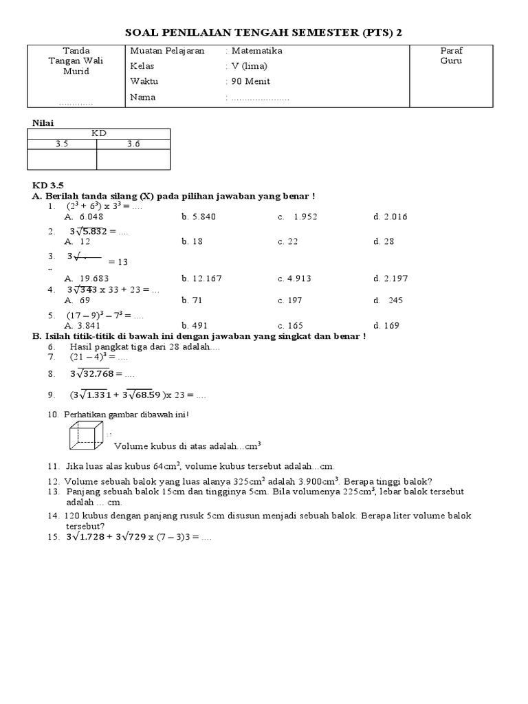 Soal PTS Matematika Kelas 5 Semester 2 | PDF