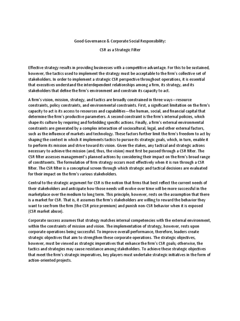 CSR as a Strategic Filter for Success | PDF | Corporate Social ...