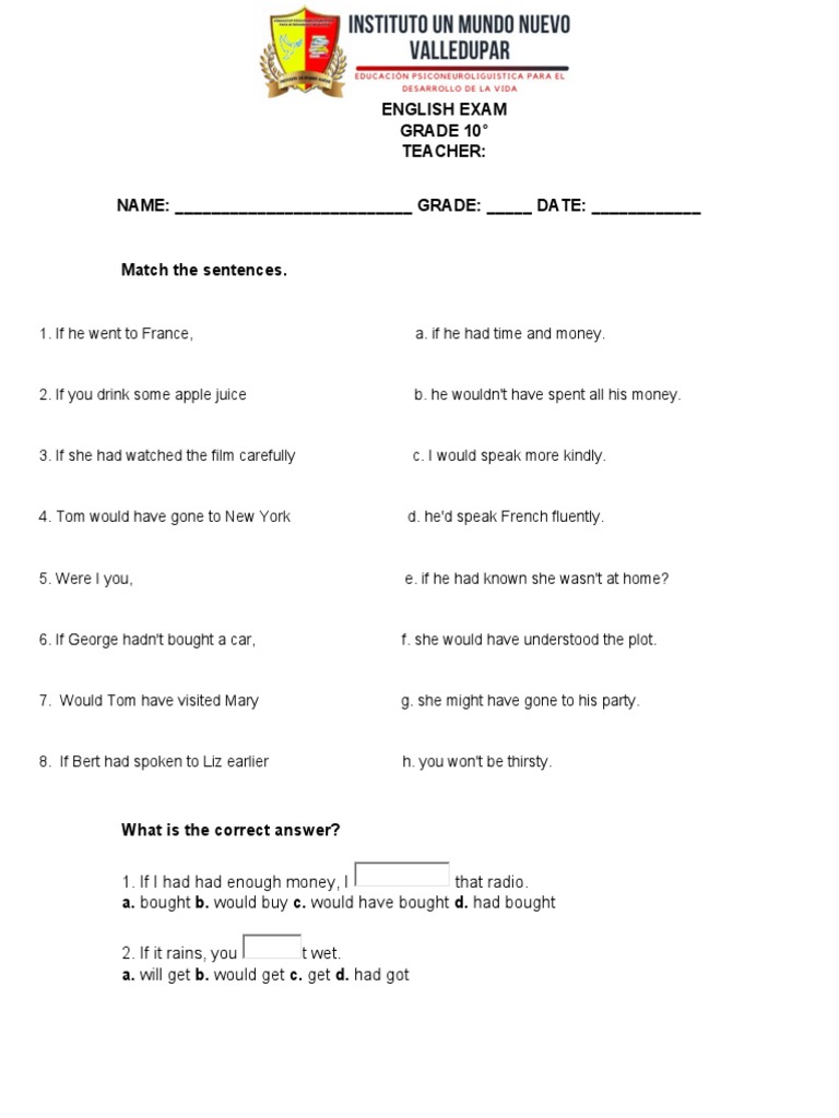 English Exam GRADE 10° Teacher: NAME: - GRADE: - DATE | PDF