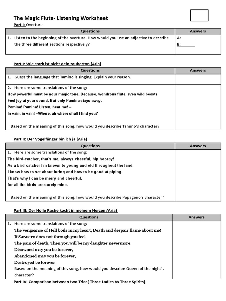 Magic Flute Listening Worksheet | PDF | Vocal Musical Compositions | Opera