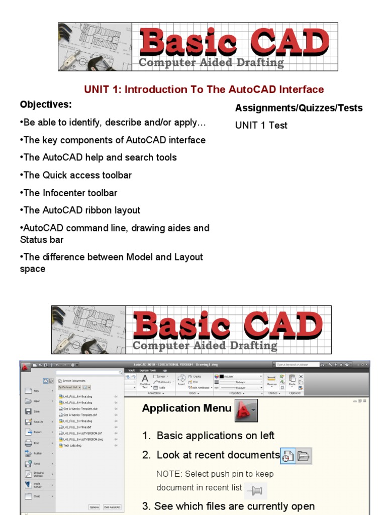 Unit 1: Introduction To The Autocad Interface: Objectives: Assignments ...