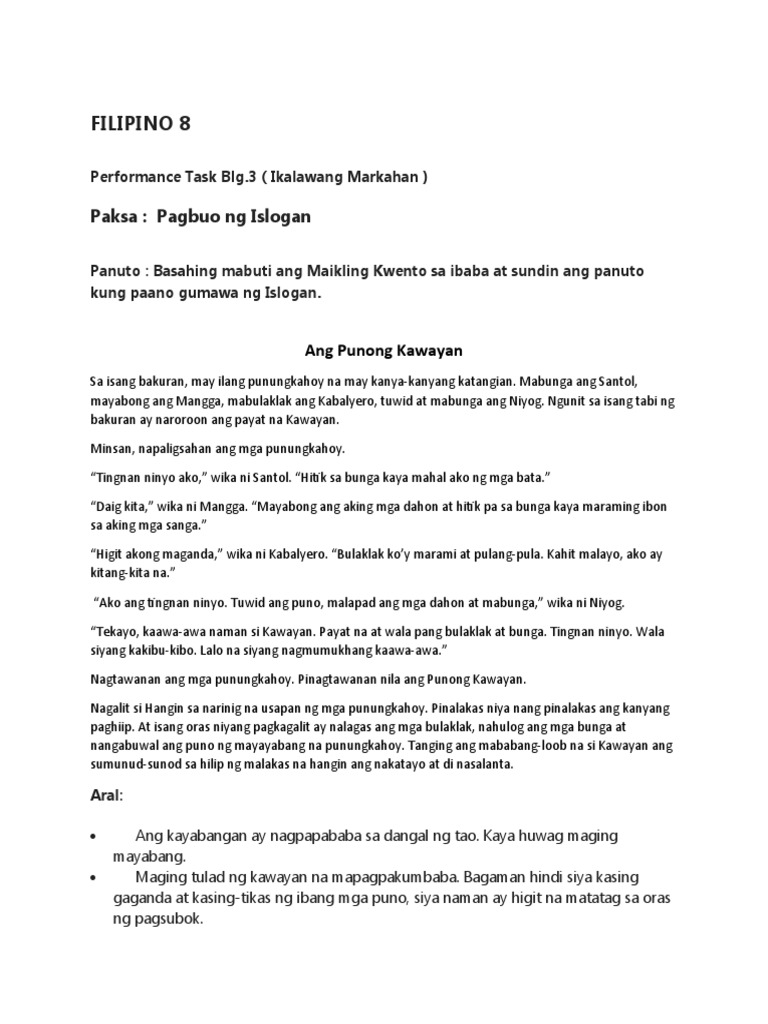 Performance Task Blg.3 Filipino 8 Ikalawang Markahan 1 | PDF