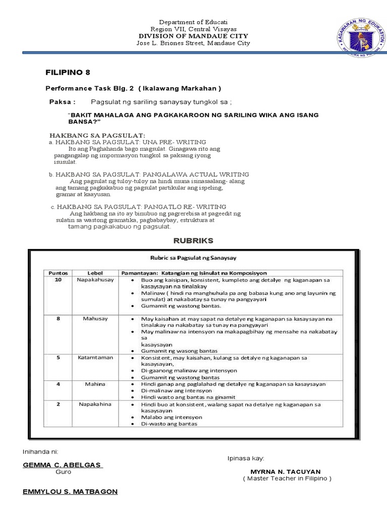 Performance Task Blg.2 Filipino 8 Ikalawang Markahan 2 | PDF