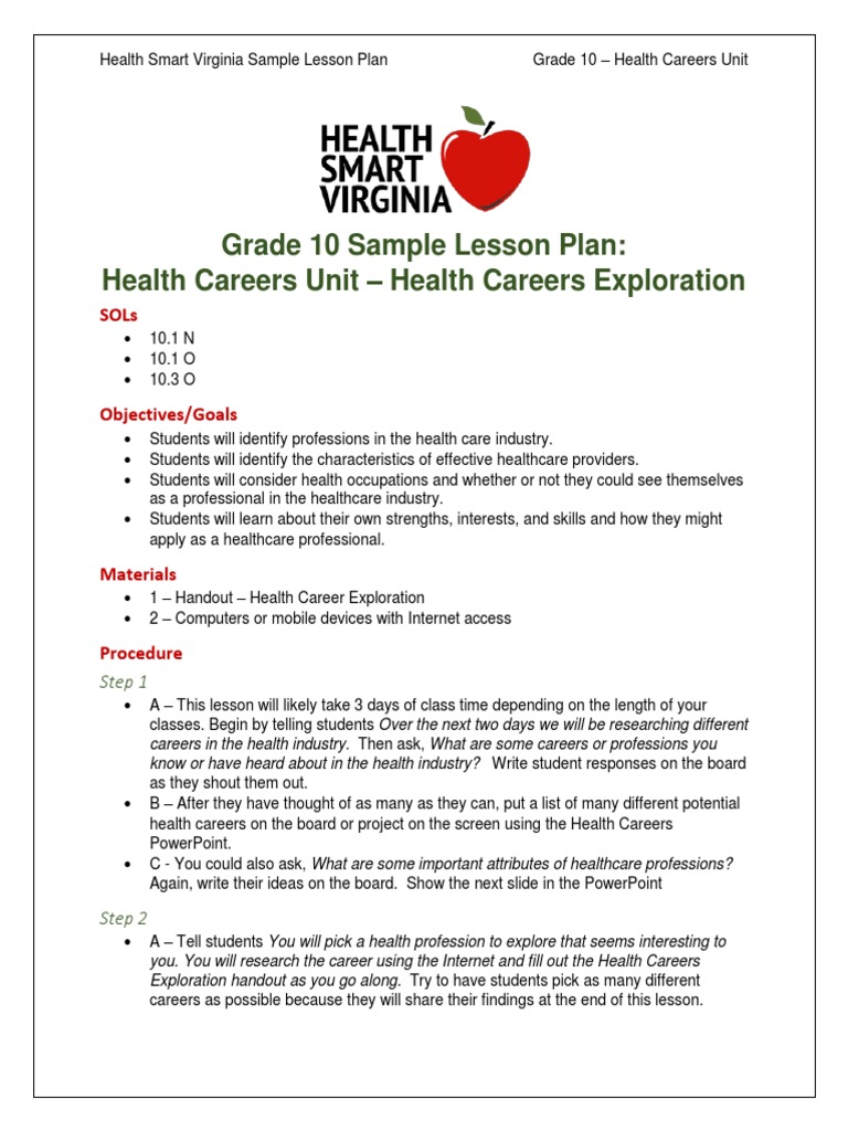 Grade 10 Health Careers Exploration Plan | PDF | Health Care | Lesson Plan
