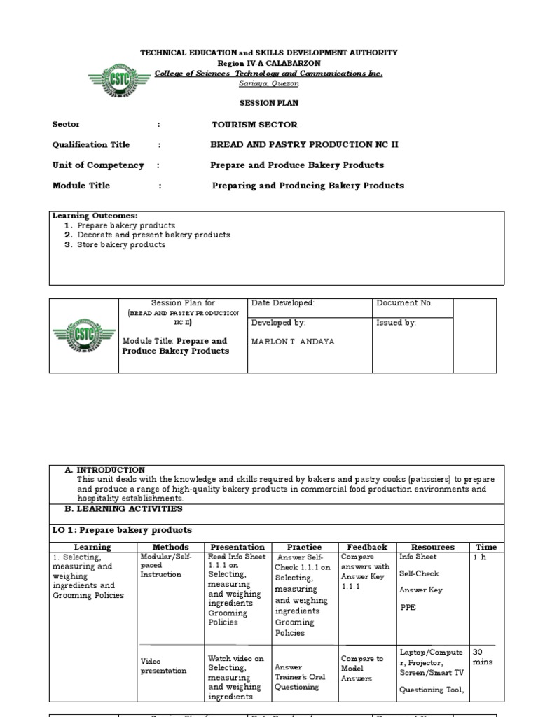 Andaya Session Plan | PDF | Bakery | Baking
