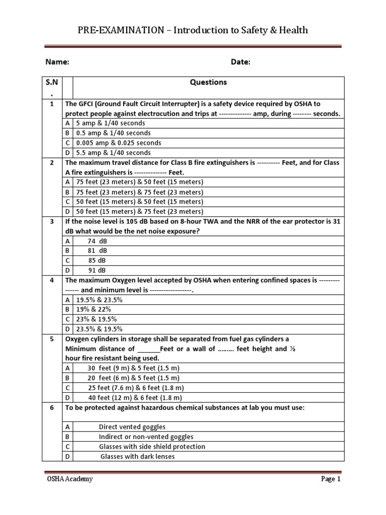 PRE-EXAMINATION - Introduction To Safety & Health: Name: Date: S.N ...