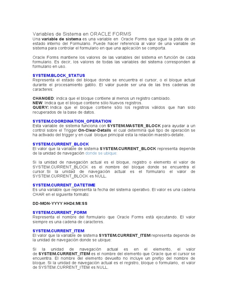 Variables de Sistema en ORACLE FORMS | PDF | Programación de ...