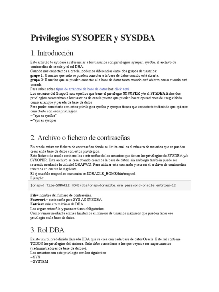 Privilegios SYSOPER y SYSDBA | PDF | Archivo de computadora | Contraseña