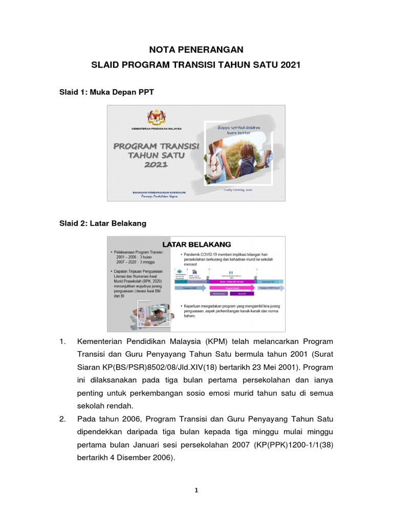 Nota Penerangan PPT Program Transisi Tahun Satu 2021 | PDF