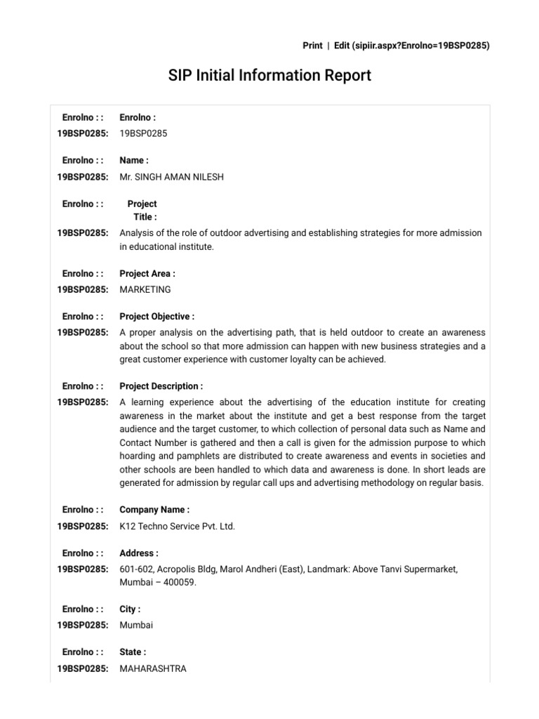 SIP Initial Information Report | PDF | Promotion And Marketing ...