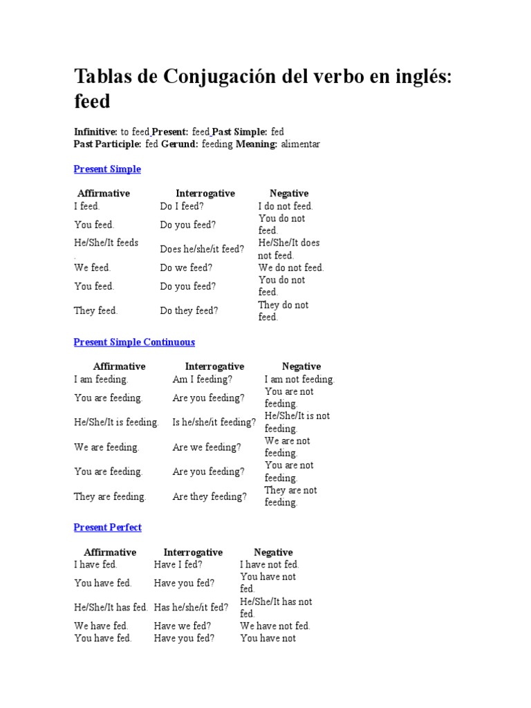 Conjugation Tables of the English Verb 'to feed' | PDF | Language ...