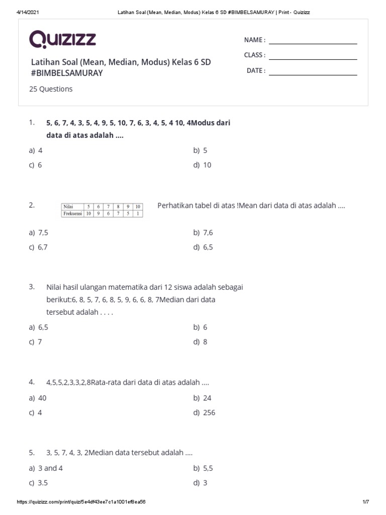 Latihan Soal (Mean, Median, Modus) Kelas 6 SD #BIMBELSAMURAY - Print ...