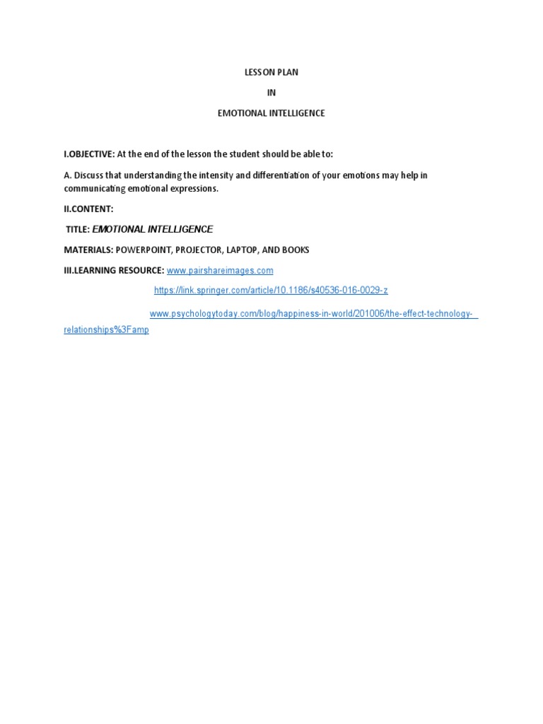 Lesson Plan IN Emotional Intelligence: I.OBJECTIVE: at The End of The ...