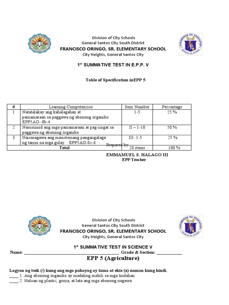 Summative Test in EPP 1ST QUARTER | PDF