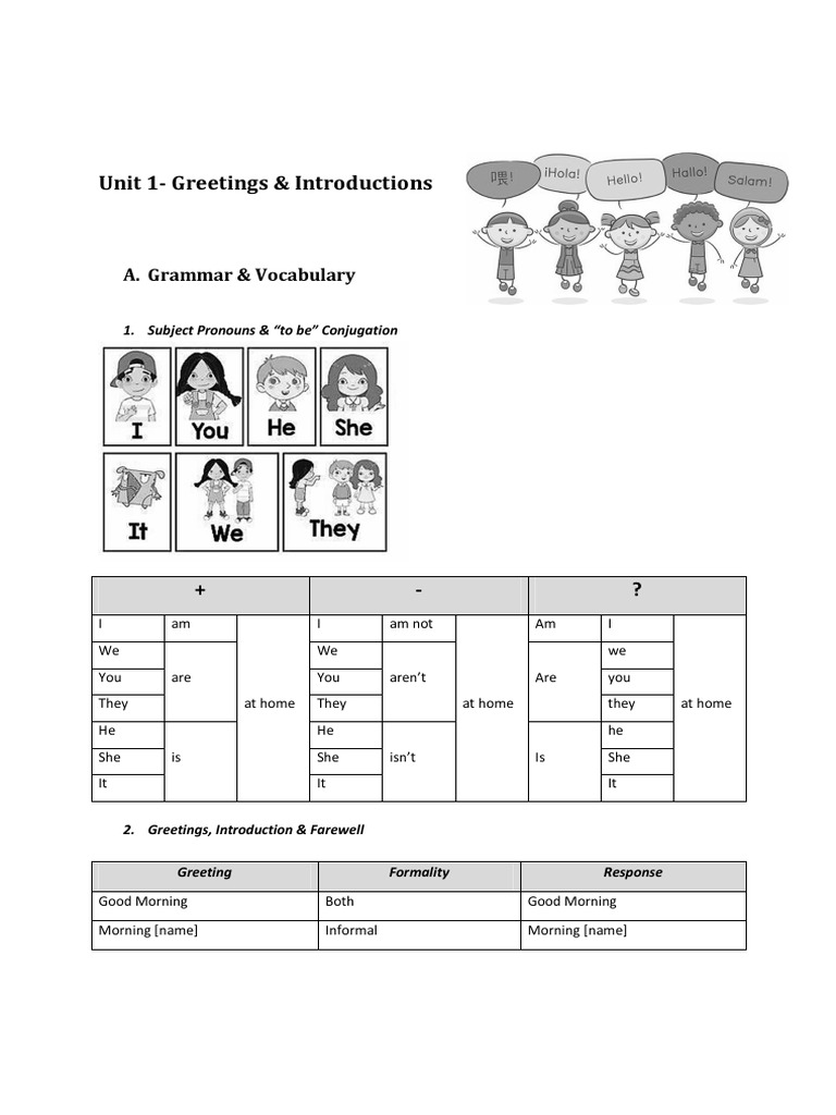 Unit 1-Greetings & Introductions: A. Grammar & Vocabulary | PDF