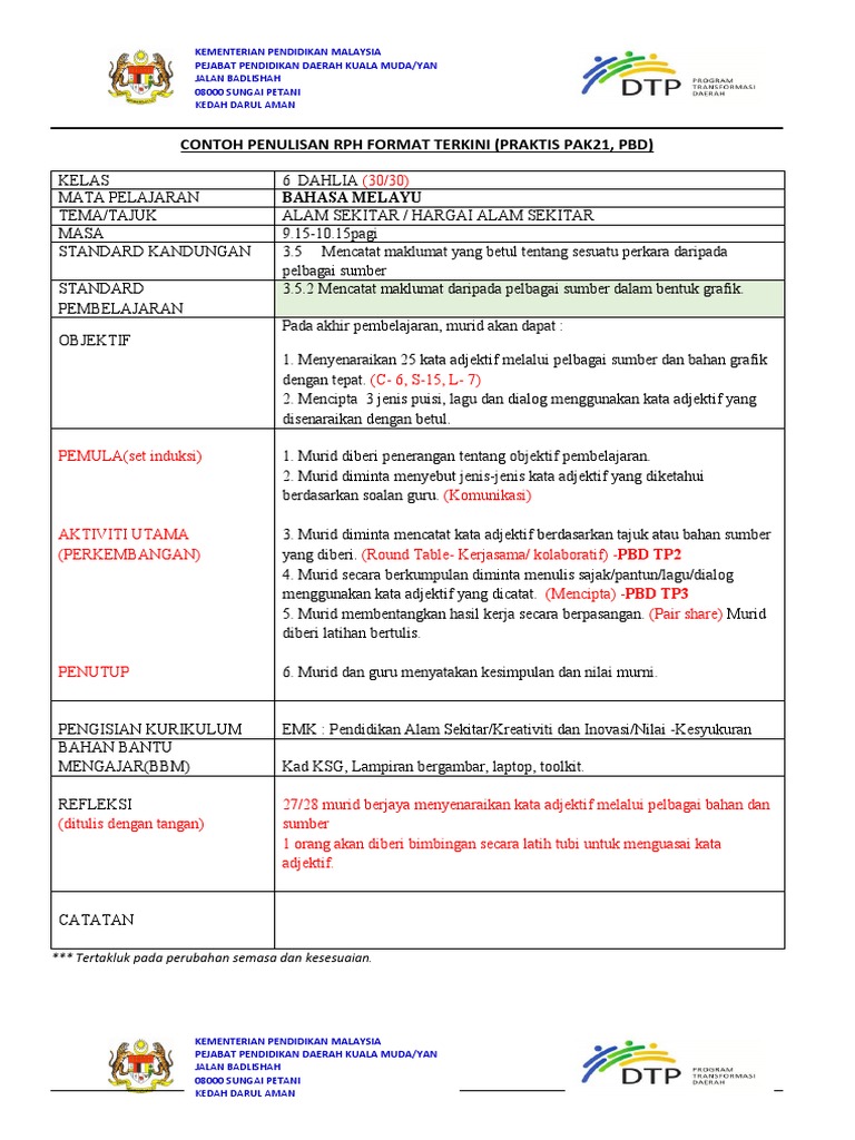 Contoh Penulisan RPH Format Terkini (Praktis Pak21, PBD) : Bahasa ...