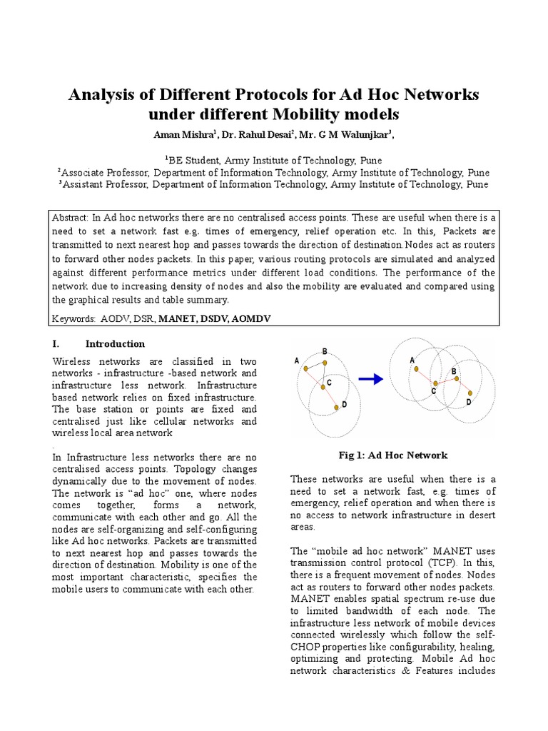 Analysis Of Different Protocols For Ad Hoc Networks Under Different Mobility Model Pdf