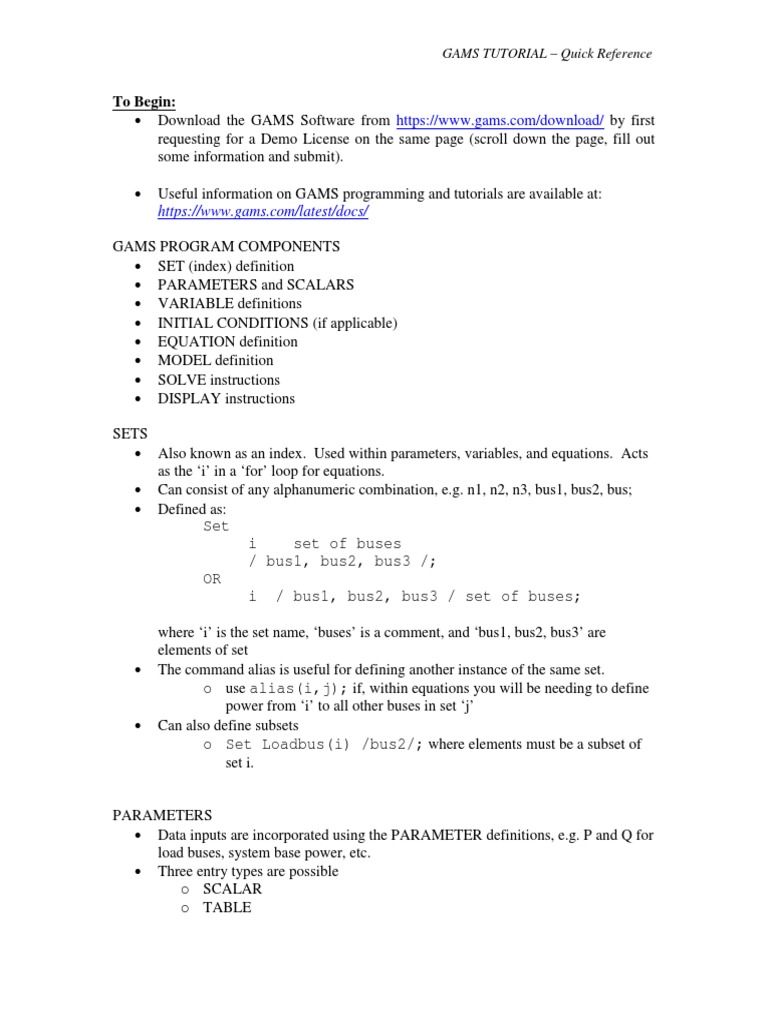 GAMS Tutorial - Quick Reference | PDF | Summation | Linear Programming