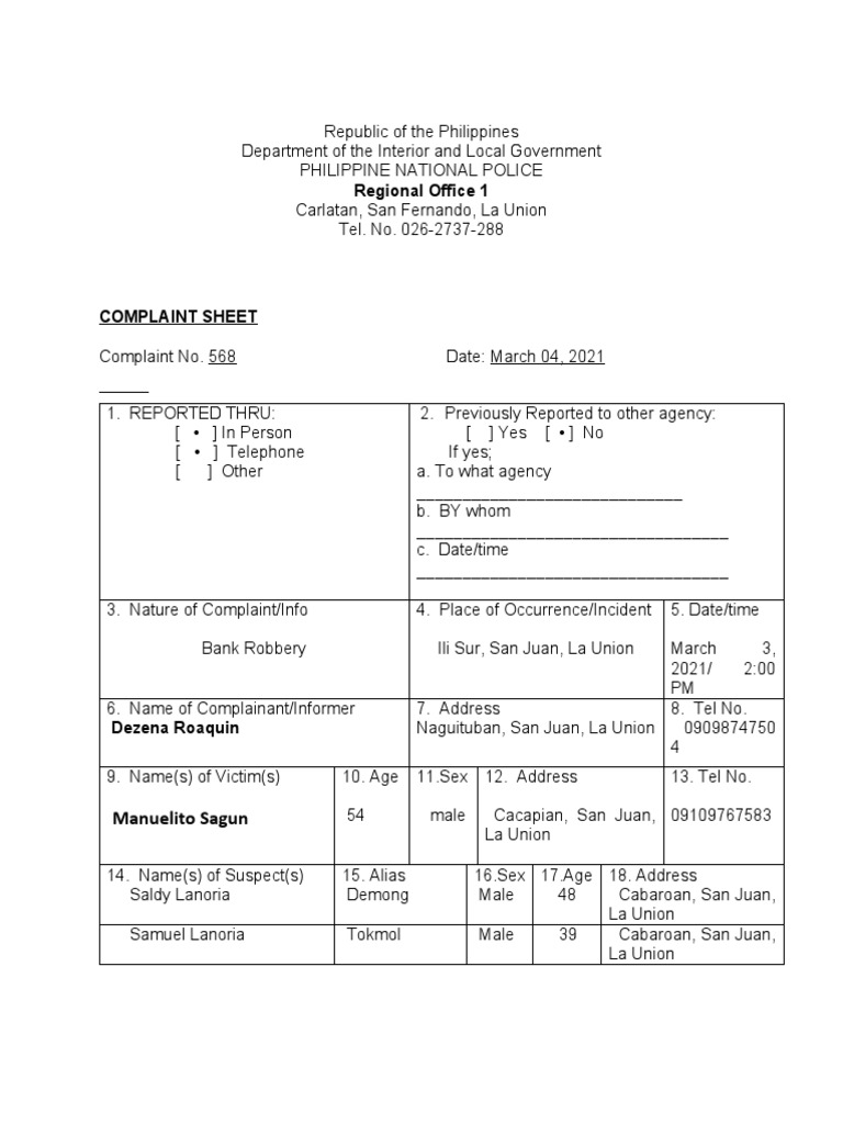Sample Format of Complaint Sheet (Other Crimes) | PDF | Crime ...