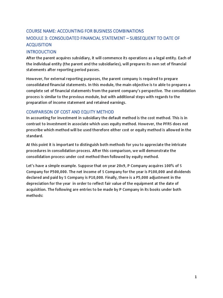 Acctg 029 - Mod 3 Conso Fs Subs Date | PDF | Consolidation (Business) | Retained Earnings