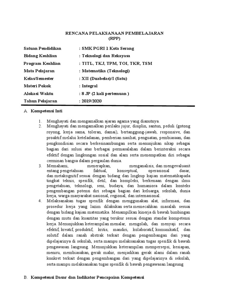 RPP Kelas Xii SMK - Integral (Tak Tentu) | PDF | Karier & Perkembangan ...