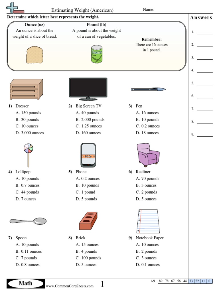 Estimating Weight (American) : A A C B C A D B D | PDF | Pound (Mass ...