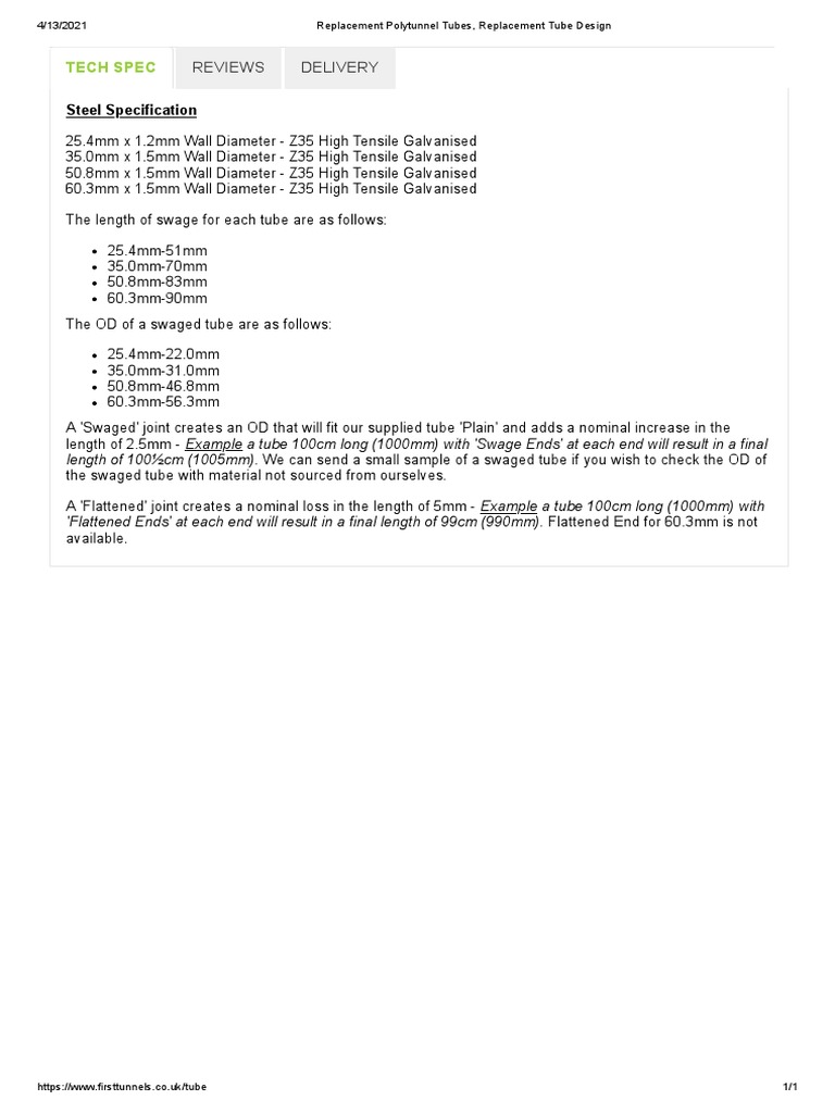 Replacement Polytunnel Tube Specs | PDF | Technology & Engineering