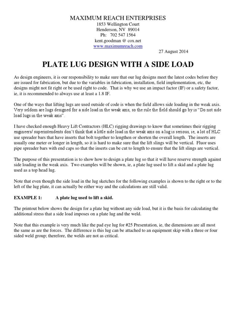 Plate Lug Design for Side Loads | PDF | Bending | Stress (Mechanics)