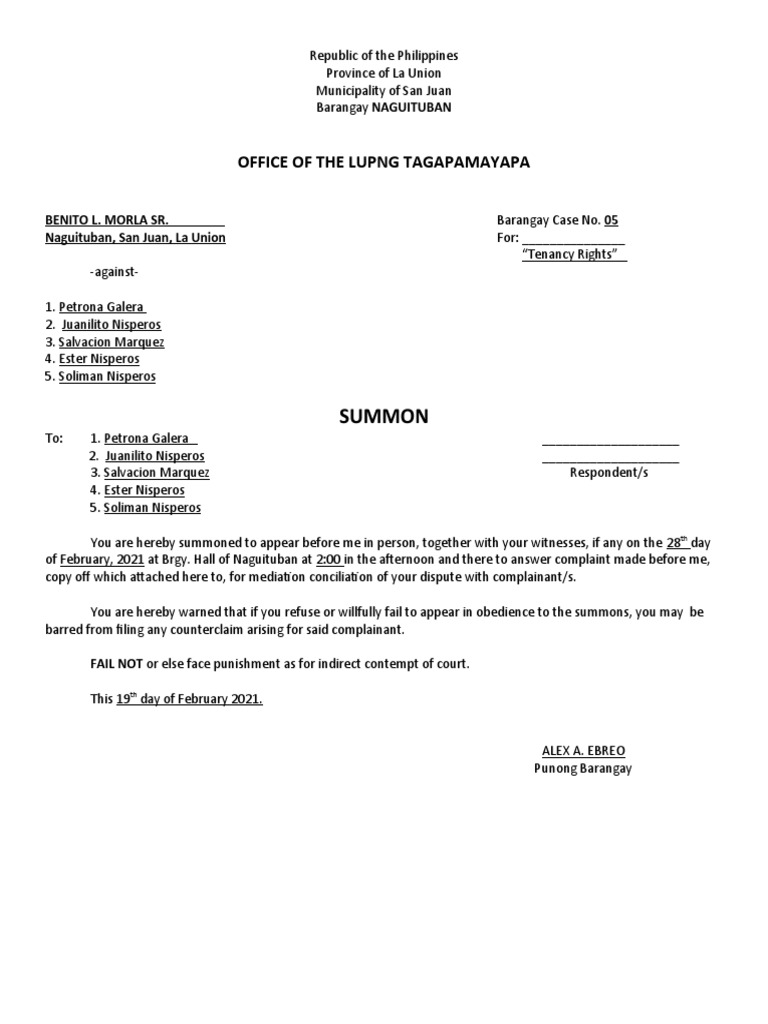 Office of The Lupng Tagapamayapa: Summon | PDF