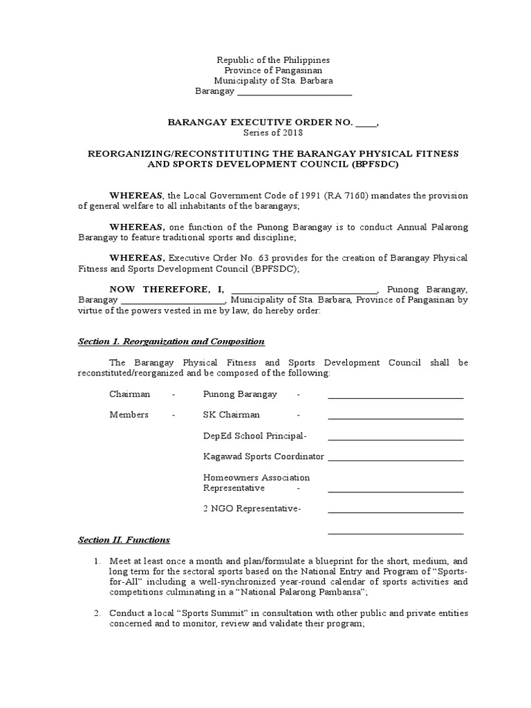 Barangay Physical Fitness Executive Order | PDF | Justice | Crime ...