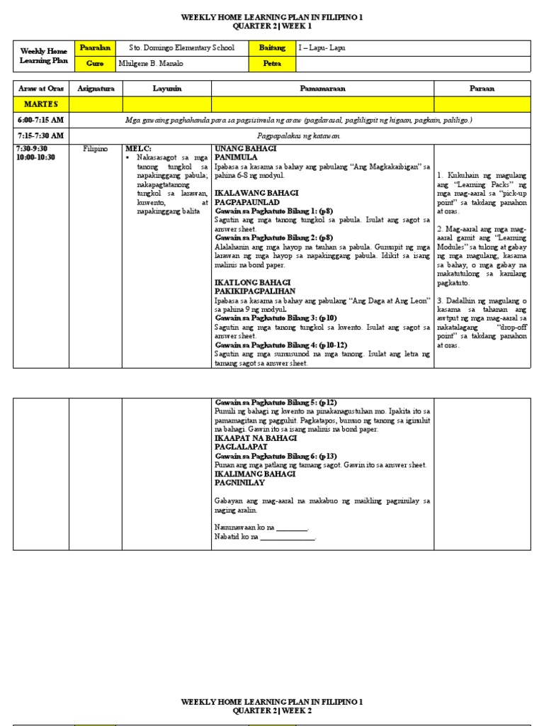 Weekly Home Learning Plan in Grade One-Q2 | PDF