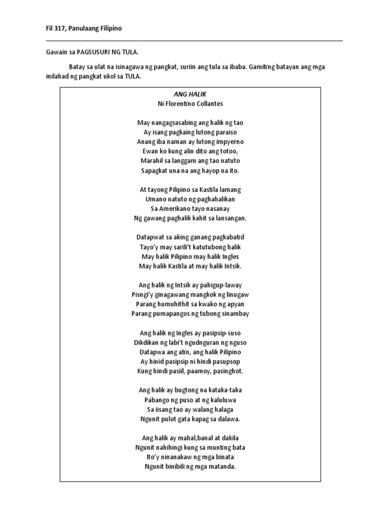 Pagsusuri Ng Tula Aralin (Ikaanim Na Linggo) Pagsusuri Sa Nilalaman