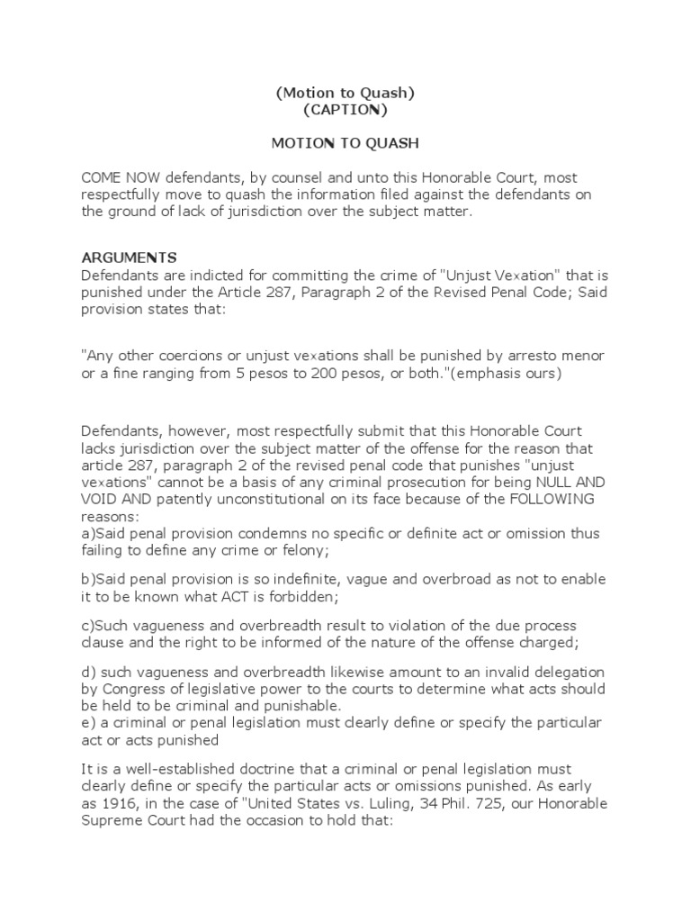 (Motion To Quash) (Caption) Motion To Quash | PDF | Crime & Violence ...