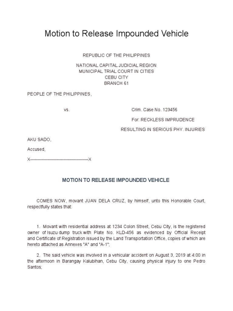 Motion To Release Impounded Vehicle | PDF | Prosecutor | Government ...