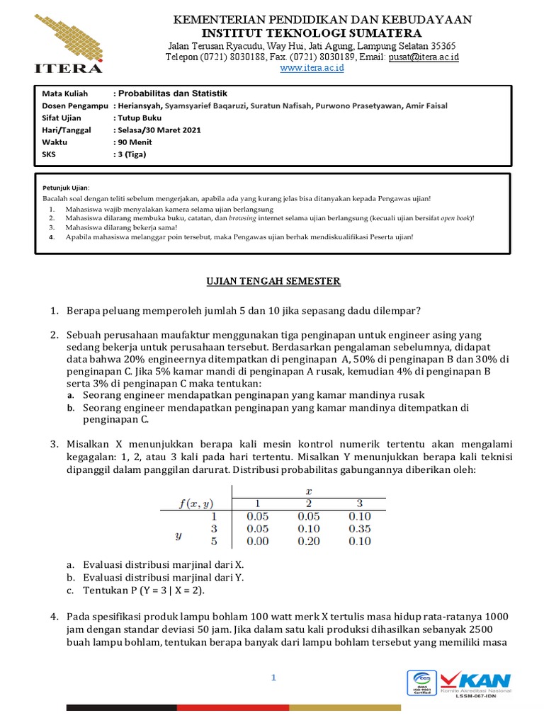 UTS Probstat 2020-2021 | PDF | Sains & Matematika | Teknologi & Rekayasa