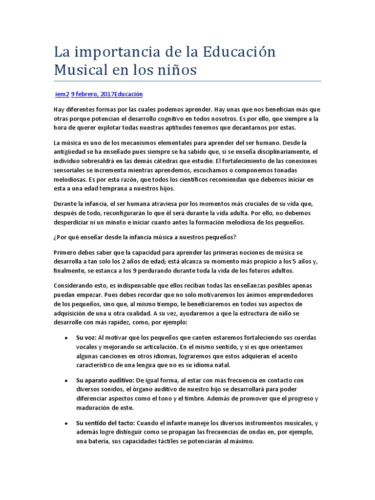 Importancia de La Musica en Los Niños | PDF | Sonido | La naturaleza humana