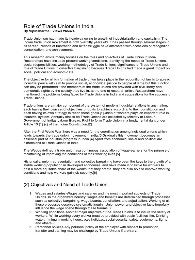 Role of Trade Unions in India | PDF | Trade Union | Collective Bargaining